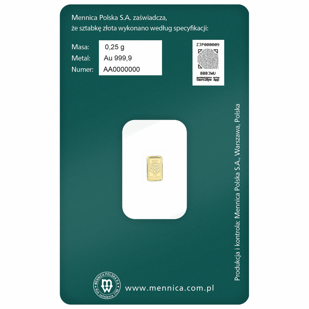 Mennica Polska Gold Minted Bar 1/4g - Bullion Now
